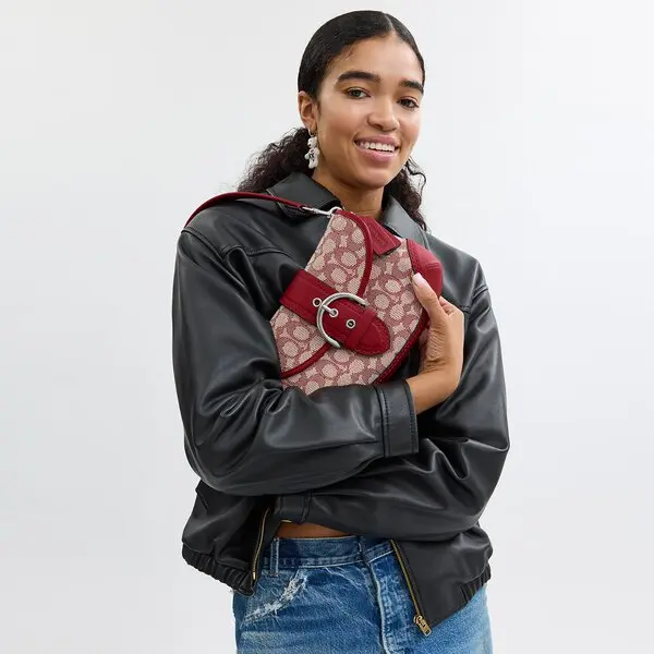 Coach Soho Flap Bag In Signature Textile Jacquard In Silver/Ruby